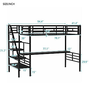 Epinki Metal Loft Bed Frame with Desk, No Box Spring Needed, Twin, Black, Bed Frame, Easy Assembly