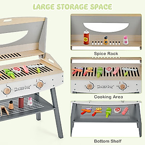 HONEY JOY Kids Pretend Barbecue Grill Playset, Wooden BBQ Toy Set w/ 17 Play Food& Cooking Accessories, 4 Solid Wood Legs, Interactive Kids Kitchen Playset Gift for Toddler Boys & Girls Age 3+