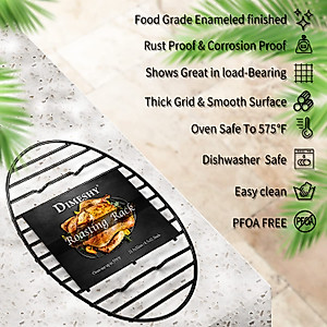 DIMESHY Roasting Rack, Black with Integrated Feet, Enamel Finished, Nonstick, fit for 15 inches oval roasting pan, safety, dishwasher, Great for Basting, Cooking, Drying, Cooling rack. (12.5”x 8.5”)