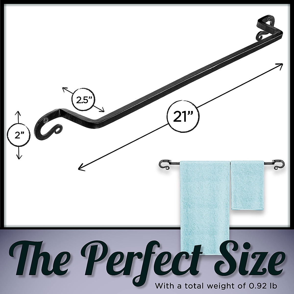 Stur-De Wrought Iron Towel Holder - Rustic Towel Rack for Bathroom or Kitchen, Wall-Mount Black Iron Towel Bar for Bath Towels - Decorative Black Towel Bar for Farmhouse-Style Home - 21 x 3 x 2 Inches
