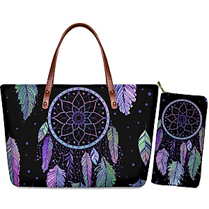 WELLFLYHOM Dream Catcher Feather Large Tote Set for Women - Neoprene, Velvet, PU Leather, Rubber Zipper