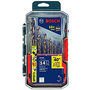 BOSCH CO14B 14-Piece Assorted Set with Included Case Cobalt M42 Metal Drill Bit with Three-Flat Shank for Drilling Applications in Stainless Steel, Cast Iron, Titanium, Light-Gauge Metal, Aluminum