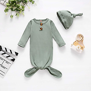 BASKOPA Baby Knotted Sleeper Gown Unisex Boys Girls Sleepsuits with Mitten Cuffs and Matching Hat Baby Coming Home Outfit Green