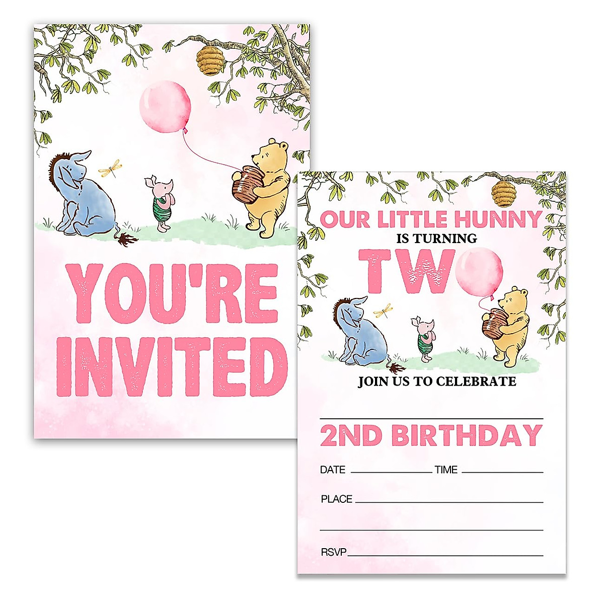 Dolimifa Winnie the Pooh 2nd Birthday Invitations Fill in Style Watercolors Winnie the Pooh Bear Pink Balloon Our Little Hunny Winnie Second Birthday Invites for 2 Year Old, 20 Count With Envelopes