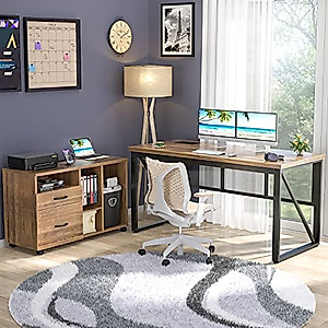 Unikito 55 Inch Executive Desk and Lateral File Cabinet, L Shaped Office Desk with Power Outlet and USB Port, Large Computer Table Home Office Furniture with Drawers and Storage Shelves, Rustic Walnut
