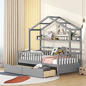 Harper & Bright Designs Twin House Bed with 2 Storage Drawers, Kids Twin Platform Bed Frame with Storage Shelves, Fence and Roof, Tent Bed, Wood Playhouse Bed Twin for Kids Teens Girls & Boys (Gray)