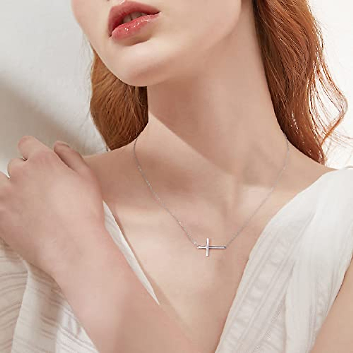 LANE WOODS Christmas Gifts 18K Real White Gold(3-5mls) Plated 925 Sterling Silver Sideways Cross Necklace for Women