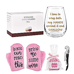 I Love Wrap Both My Hands Around It and Swallow It Stemless Wine Glass with Cupcake Wine Socks and Bottle Opener - Funny Wine Glass Gift for Women, Friends, Sisters, Girls, Wine Lover, Mom 15Oz