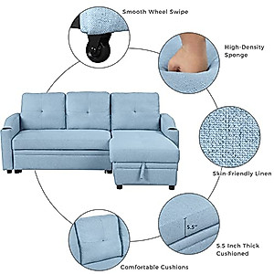 Merax 80.3'' Reversible Sleeper Sectional Sofa Couch with Pull-Out Sleeper, Corner Sofa Bed with Storage Chaise and Two Cup-Holders for Living Room Furniture Set (Blue)