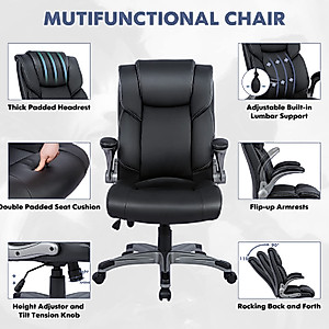High Back Executive Office Chair- Ergonomic Home Computer Desk Leather Chair with Padded Flip-up Arms, Swivel Rolling Chair for Adult Working Study-Black