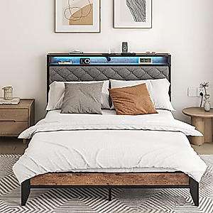 Osfvolr Queen Bed Frame with Charging Station and LED Light, Platform Bed Frame with 2 Tier Storage Upholstered Linen Headboard, Heavy Duty Metal Structure, 12 inch Under Bed Storage, Noise Free