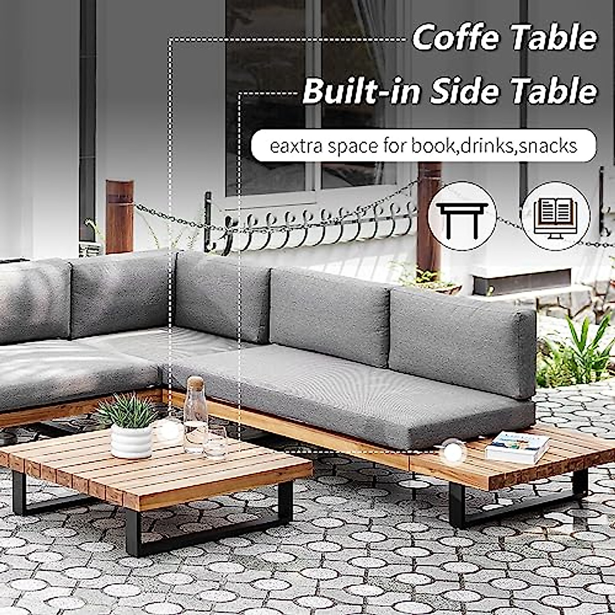 Homedot Patio Sofa Set with Metal Frame, Extra Large L Shaped Outdoor Sectional Sofa Set with Built-in Side Table, Modern Patio Conversation Set with Coffee Table&Removable Cushion for Garden