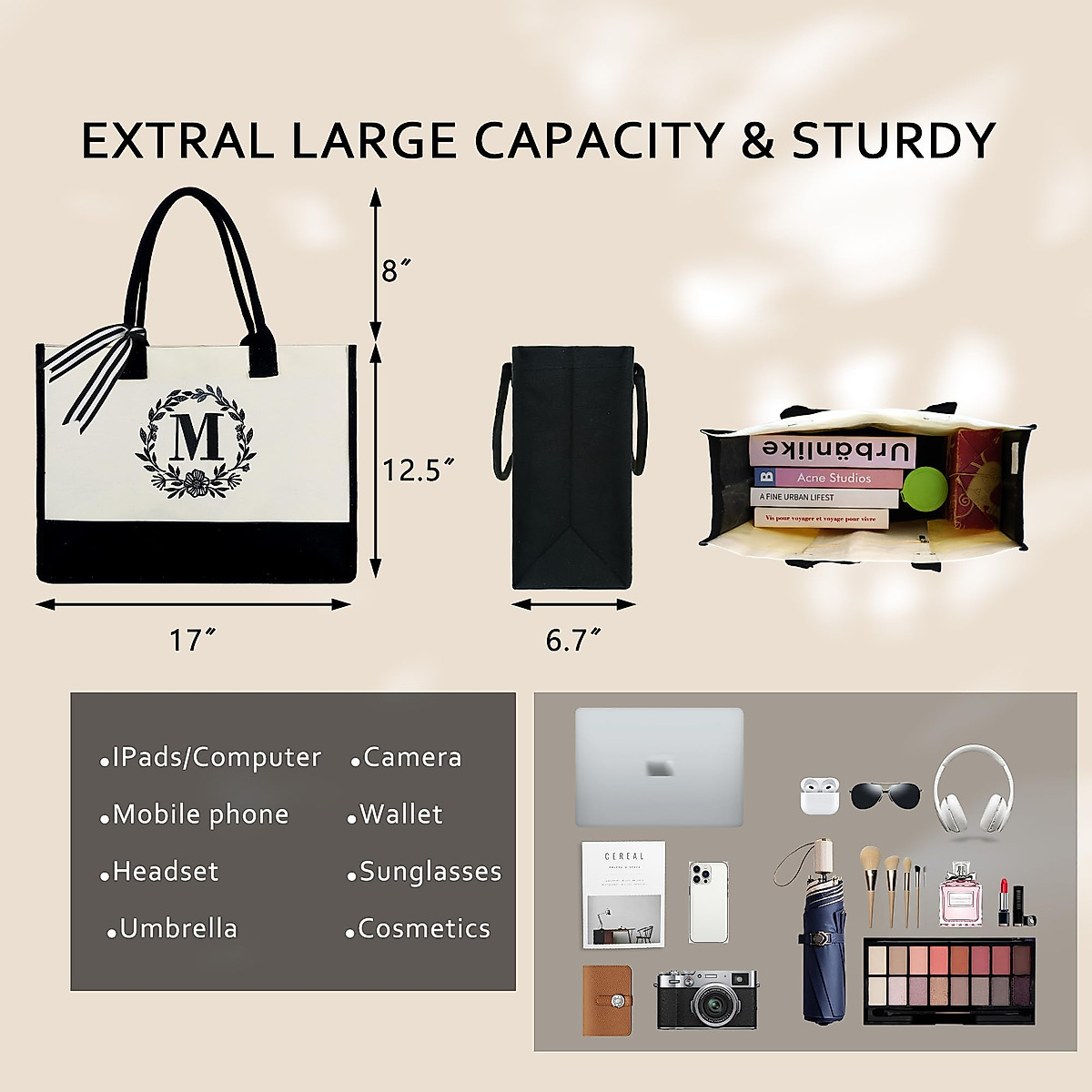 BeeGreen Monogrammed Tote Bags for Mom Teacher Gift Baskets for Godmother Nana Mimi Gigi Bridesmaids Female Coworkers Canvas Tote Bag For Friends Initial Birthday Gifts B