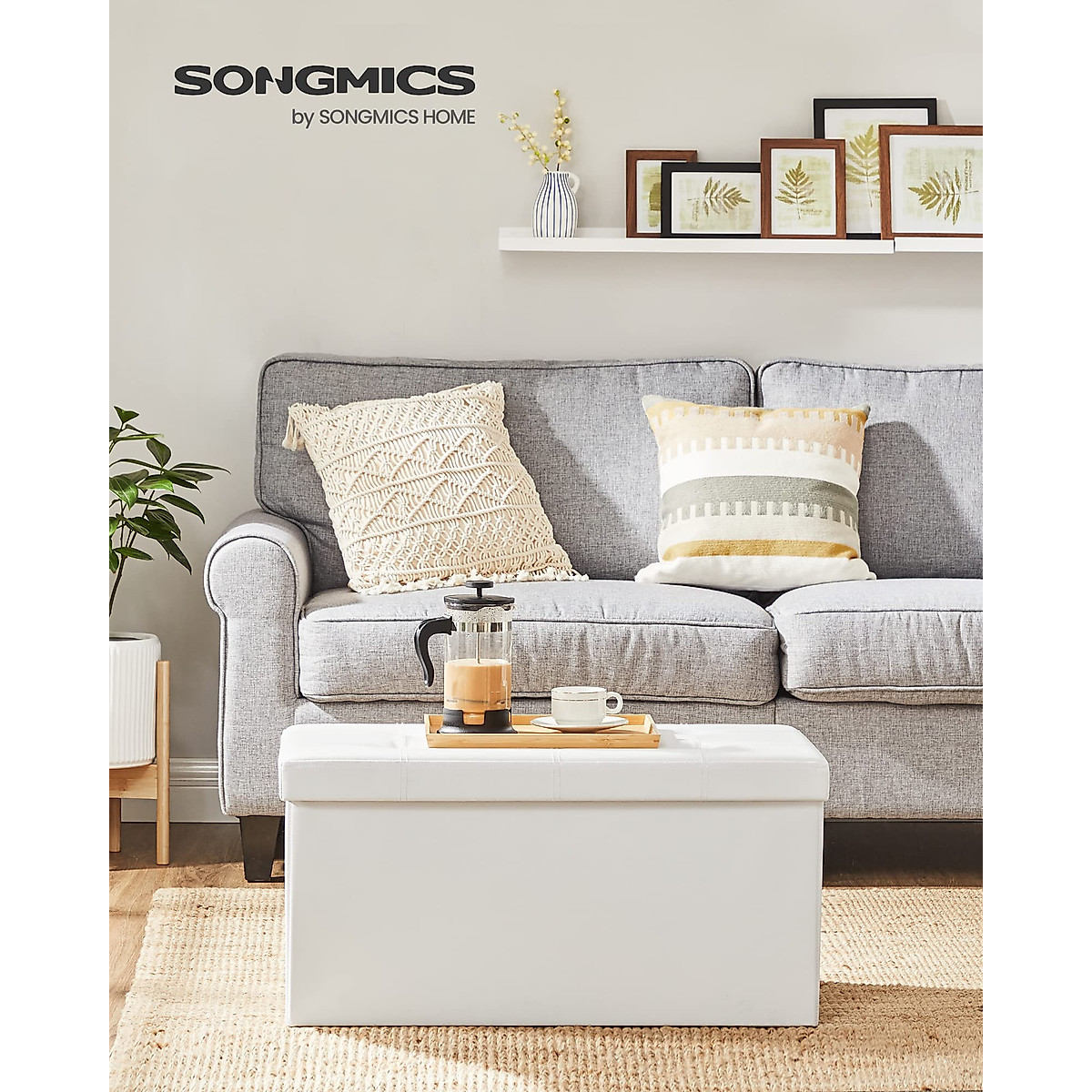 SONGMICS 30 Inches Folding Storage Ottoman Bench, Storage Chest, Footrest, Coffee Table, Padded Seat, Faux Leather, Holds up to 660 lb, White ULSF106