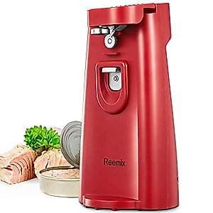 Electric Can Opener, Reemix Automatic Can Opener with Knife Sharpener and Bottle Opener 3 in 1, Easy Push Down Lever (Red)