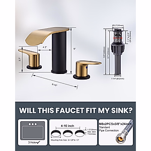 WOWOW Waterfall Bathroom Faucet 3 Holes 8Inch Widespread Bathroom Sink Faucet, Two Handles Lavatory Vanity Sink Faucets with Pop-up Drain & Supply Hoses, Modern Faucet Mixer Taps Black and Gold
