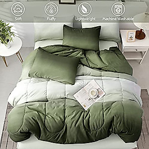 7 Pieces Gradient Olive Green Comforter Set Queen - Lightweight Green Bed in a Bag Queen Size Set, All Season Down Alternative Complete Bedding Set with Flat/Fitted Sheet, Pillowcases and Pillow Shams
