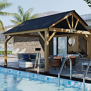 Joyside Cedar Wood Gazebo 13 x 15 ft. Wood Patio Gazebo - Cedar Wood Framed Gazebo with Metal Steel Gable Roof Hardtop Gazebo for Patio, Garden, Lawns and Parties