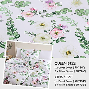 Bedduvit Botanical Duvet Cover King - White and Grey Floral King Duvet Cover Set,Breathable Minimalism Patterned Summer Duvet Cover King with Zipper Closure & 8 Ties (104"x90", No Comforter)