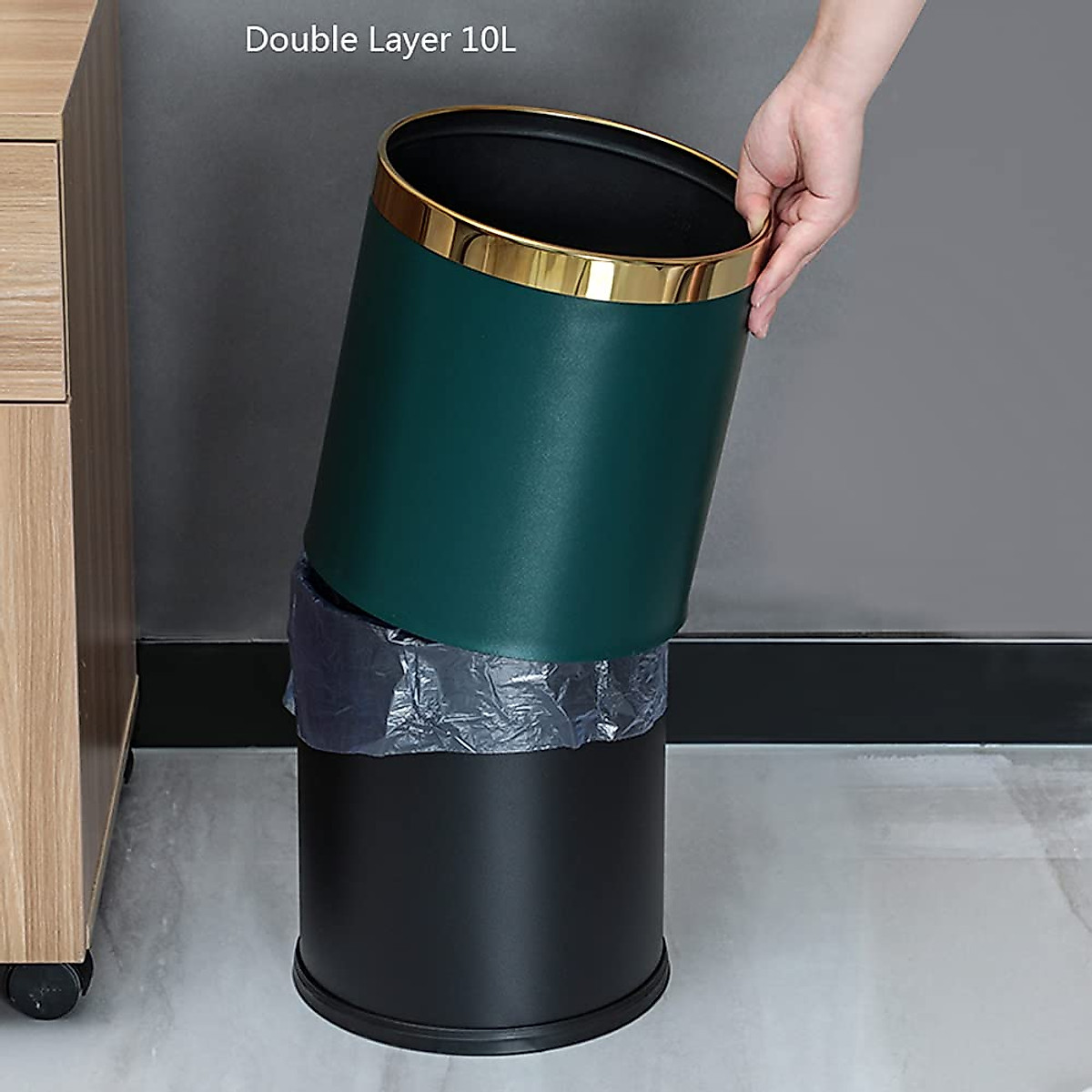 Luxury Metal Waste Bin 10L, Double Layer Trash Can PU Leather Covered Round Wastebasket Dust Bins for Kitchen Bathroom Hotel Office (MOLADI Green)