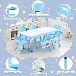 Goldshire Kids Table and 6 Chairs Set with Graffiti Desktop, Toddler Furniture Set, Non-Slip, Table Children Study Desk, Dining Table, Height Adjustable Desk, Painting Desktop for Kids (47.2x23.6Inch)