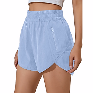 Blooming Jelly Womens High Waisted Running Shorts Athletic Workout Shorts Quick Dry Pants with Zipper Pocket(Small,Sky Blue)