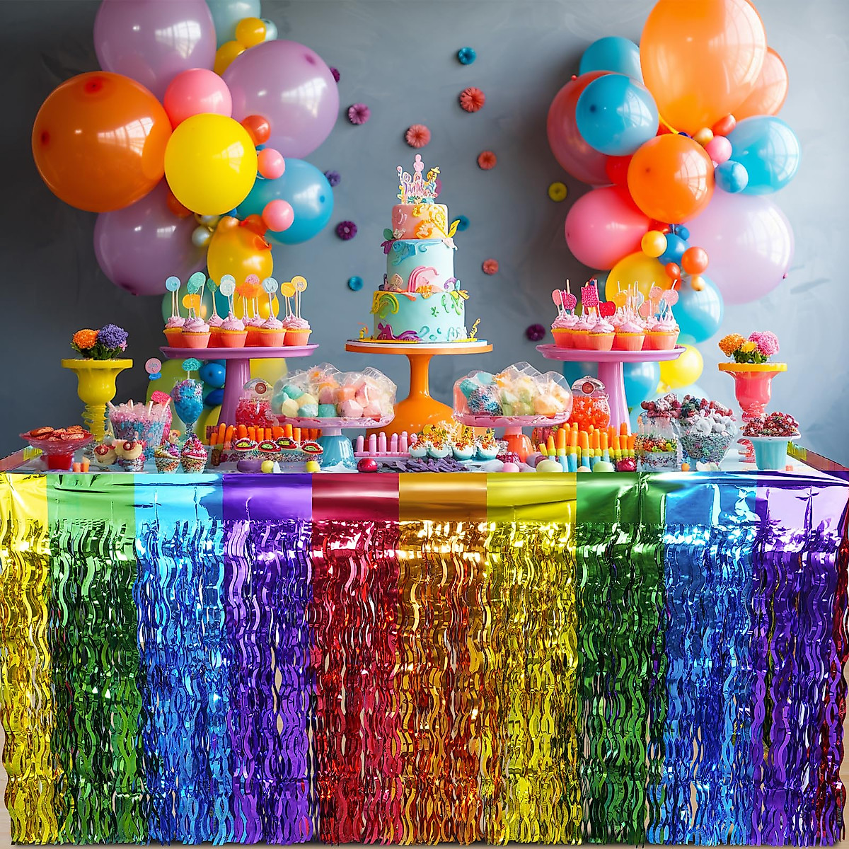 6 Pack Rainbow Wavy Table Skirt Party Decorations 30x108 Inch, Rainbow Party Table Decorations, Rainbow Metallic Foil Tinsel Table Skirts for Birthday Wedding Engagement Bridal Shower Party Supplies