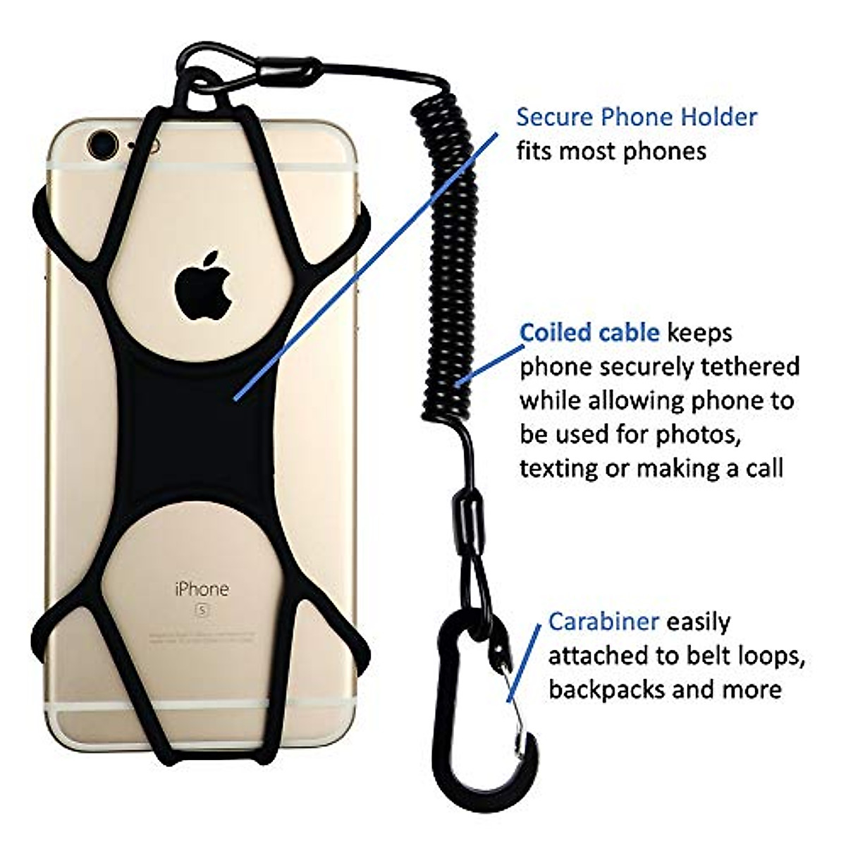 Rugged Phone Lanyard Holder with Coiled Strap Tether and Gated Carabiner for Hiking, Climbing, Skiing, Outdoors, School, Travel, Clip to Belt Loop, Clothing, Backpack, Compatible with Most Cell Phones