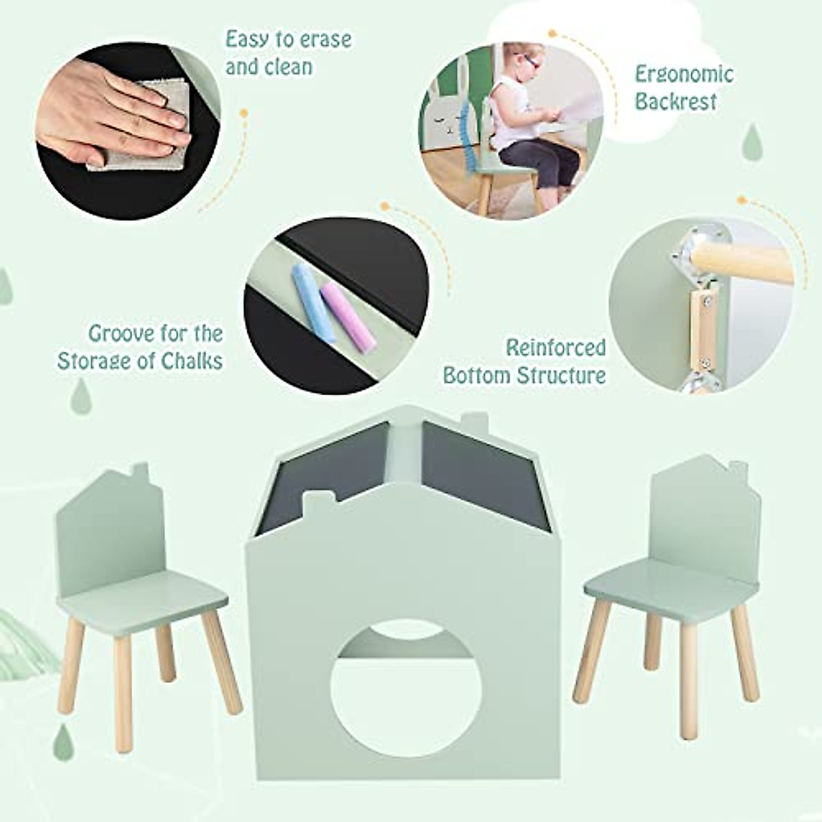 Costzon Kids Table and Chair Set, 3 Pieces Wooden Table Set for Toddler w/Chalkboards for Arts, Crafts, Reading, Drawing, House-Shaped Space-Saving Children Furniture Set, Gift for Boys Girls, Green