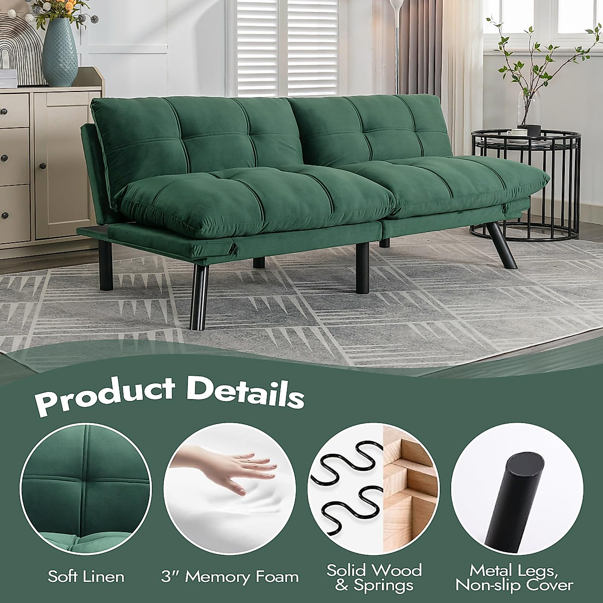 Edbuosy Comfortable Futon Sofa Bed, Memory Foam Loveseat, Convertible Adjustable Sofa Bed CouchSuitable for Office, Home, and Bedroom (Green)