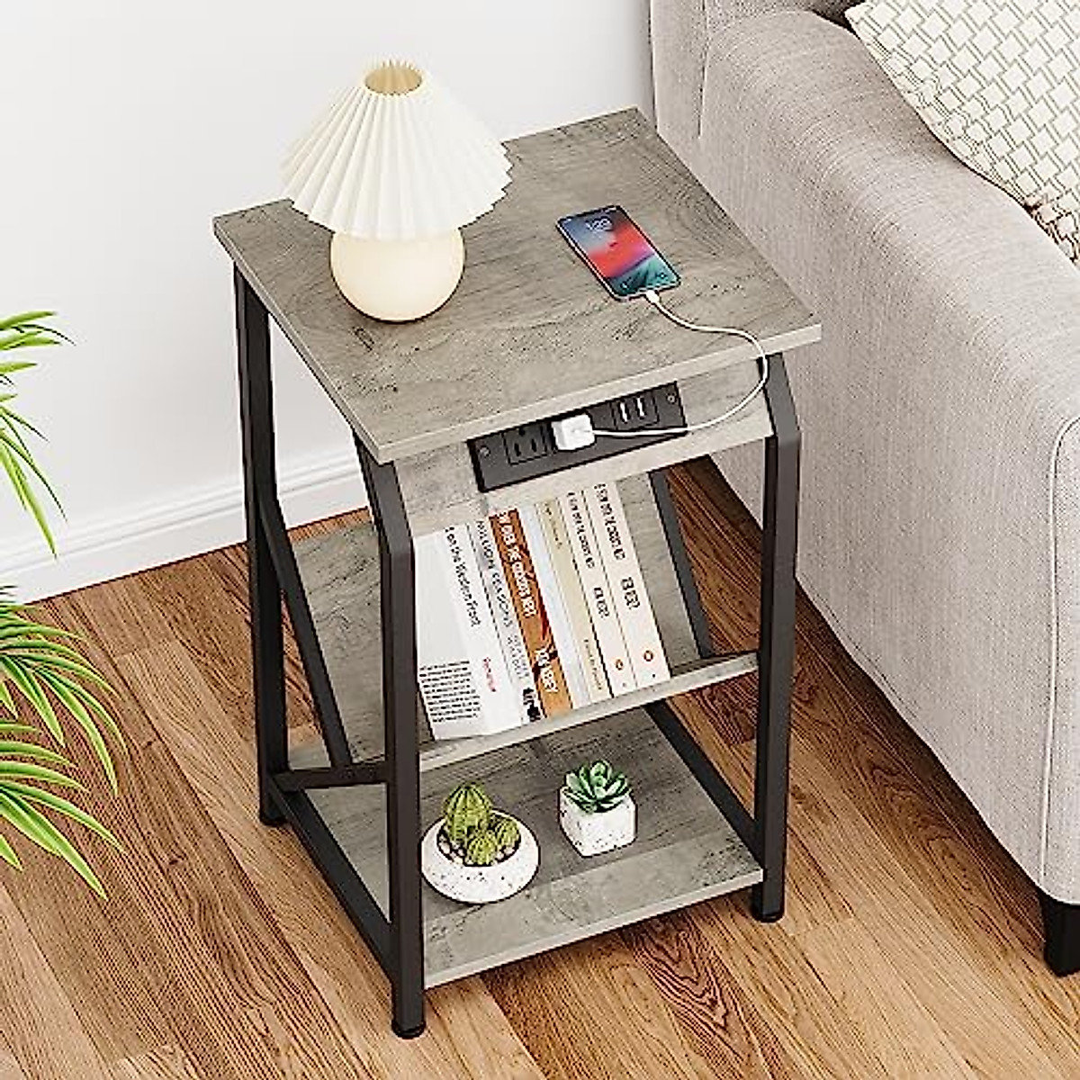 Amyove Charging Station End Table, Grey