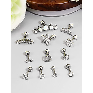 Vsnnsns 16G Cartilage Earrings Tragus Earrings for Women Silver Stainless Steel Forward Helix Earrings Stud Lip Rings Labret Monroe Medusa Barbells Studs Body Piercing Jewelry for Women Men