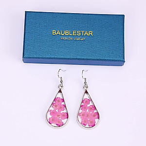 BaubleStar Pressed Dry Flower Hot Pink Teardrop Earrings Natural Dried Flowers Drop Dangle Silver Fashion Jewelry for Women