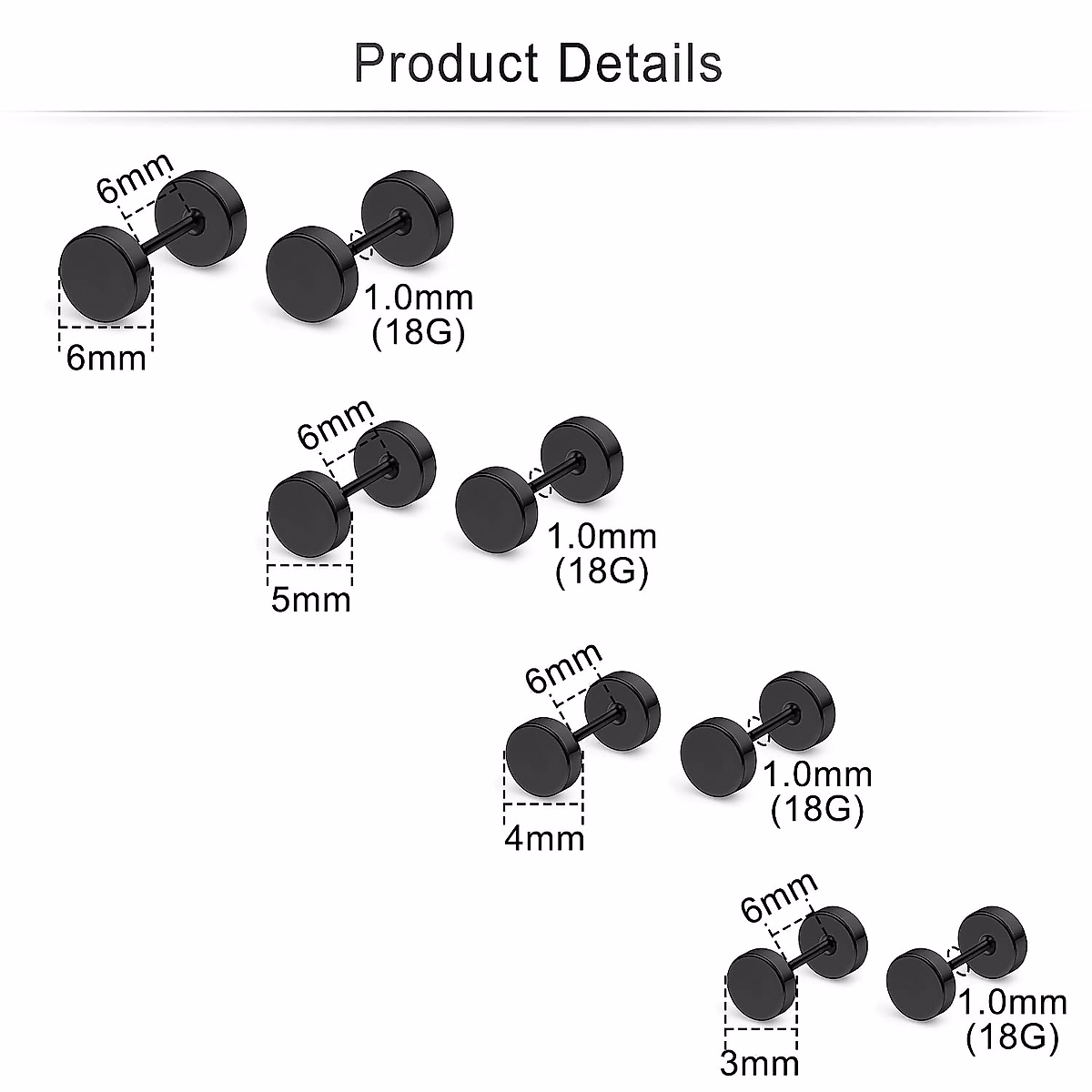 Cisyozi 18G Black Flat Back Studs Earrings for Women Men Fake Faux Gauges Earrings 18 gauge Stainless Surgical Steel Screw Back On Cartilage Tragus Helix Lobe Earrings Stud Set Piercing Jewelry Girl