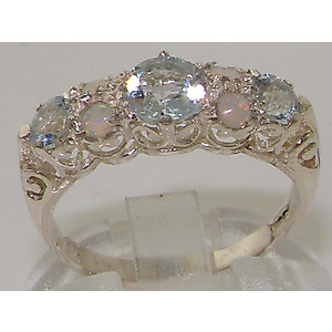 LetsBuyGold 925 Sterling Silver Natural Aquamarine and Opal Womens Band Ring - Sizes 4 to 12 Available