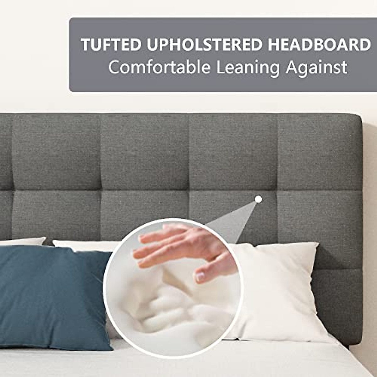 UNIZONE Full Size Upholstered Bed Frame with Tufted Headboard, Platform Bed with Linen Fabric Headboard, Wood Slats Support, Mattress Foundation, No Box Spring Needed, Easy Assembly, Modern, Dark Gray