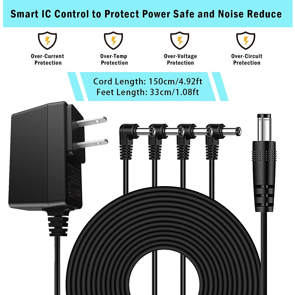 JOYO DC 9V Guitar Pedal Power Supply (800mA -1A) AC Wall Charger Adapter with 4 Way Daisy Chain Pedal Cables (8.8 FT), Compatible for Most Effect Pedals (Tip Negative)