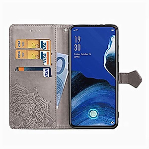 SATURCASE Case for Oppo Reno2 Z, Mandala Embossing PU Leather Flip Magnet Wallet Stand Card Slots Protective Cover with Hand Strap for Oppo Reno2 Z (Gray)