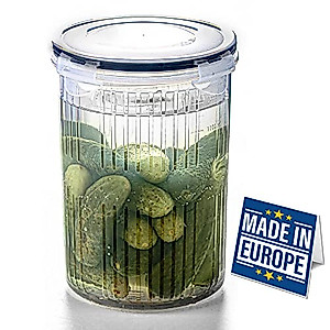 Crystalia Pickle Jar with Strainer Insert, Deli Food Storage Container, Pickle Holder Keeper Lifter, Bucket of Pickles, Barrel of Olive Jalapeno, Large Flip Jar with Leak Proof and Lock It Lid (Gray)