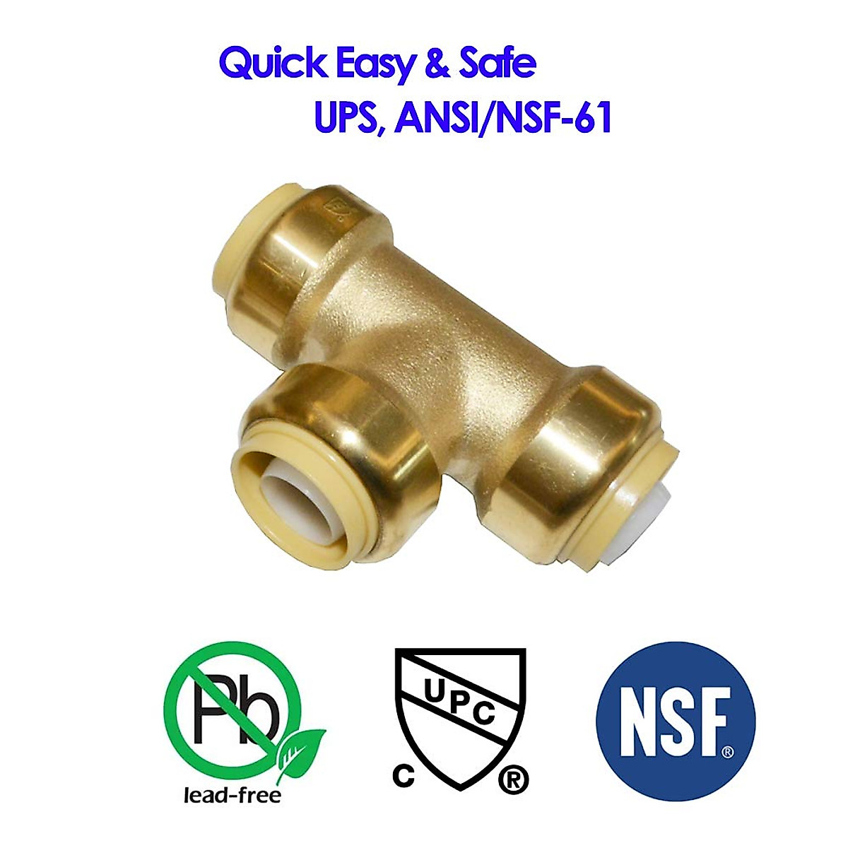HQMPC 1" Pex fitting Push Fit Plumbing Tee, Push-to-Connect Plumbing Fittings, Brass Pipe Connector T Fittings for Copper, PEX, CPVC, No Pb (2pcs, 1 Inch(1"))