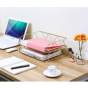 PAG 2 Packs Desktop File Organizer Metal Stackable Horizontal Letter Tray Paper Holder Rack, Gold