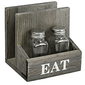 MyGift Vintage Gray Solid Wood Napkin and Salt and Pepper Shaker Caddy, 2 Compartment Napkin Holder and Condiment Server with White EAT Label