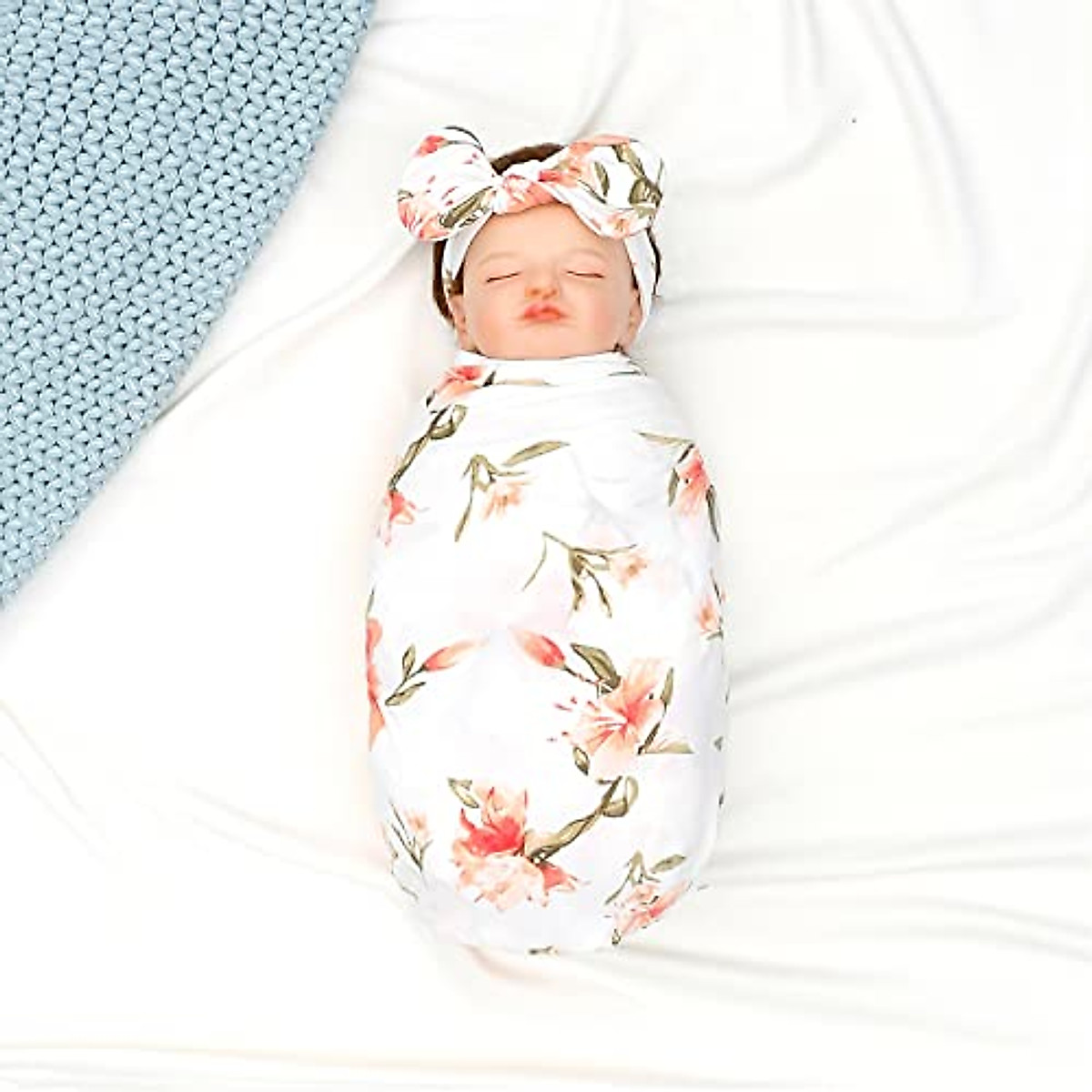 insular Swaddle Blankets Beanie Hat Headband Sets, Newborn Baby Girl Swaddle Sack, Receiving Blankets Infant Baby Gifts, Photo Props Photography(White Lily)