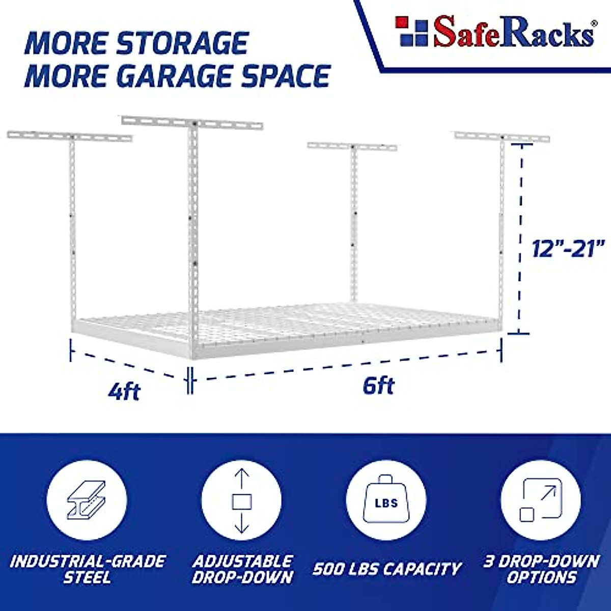 SafeRacks Overhead Garage Storage Rack, Heavy Duty Steel Ceiling Mount Storage Shelves with 500 lb Capacity, Adjustable, Garage Overhead Storage, Shelving, Ceiling Racks 4x6 White (24"-45")