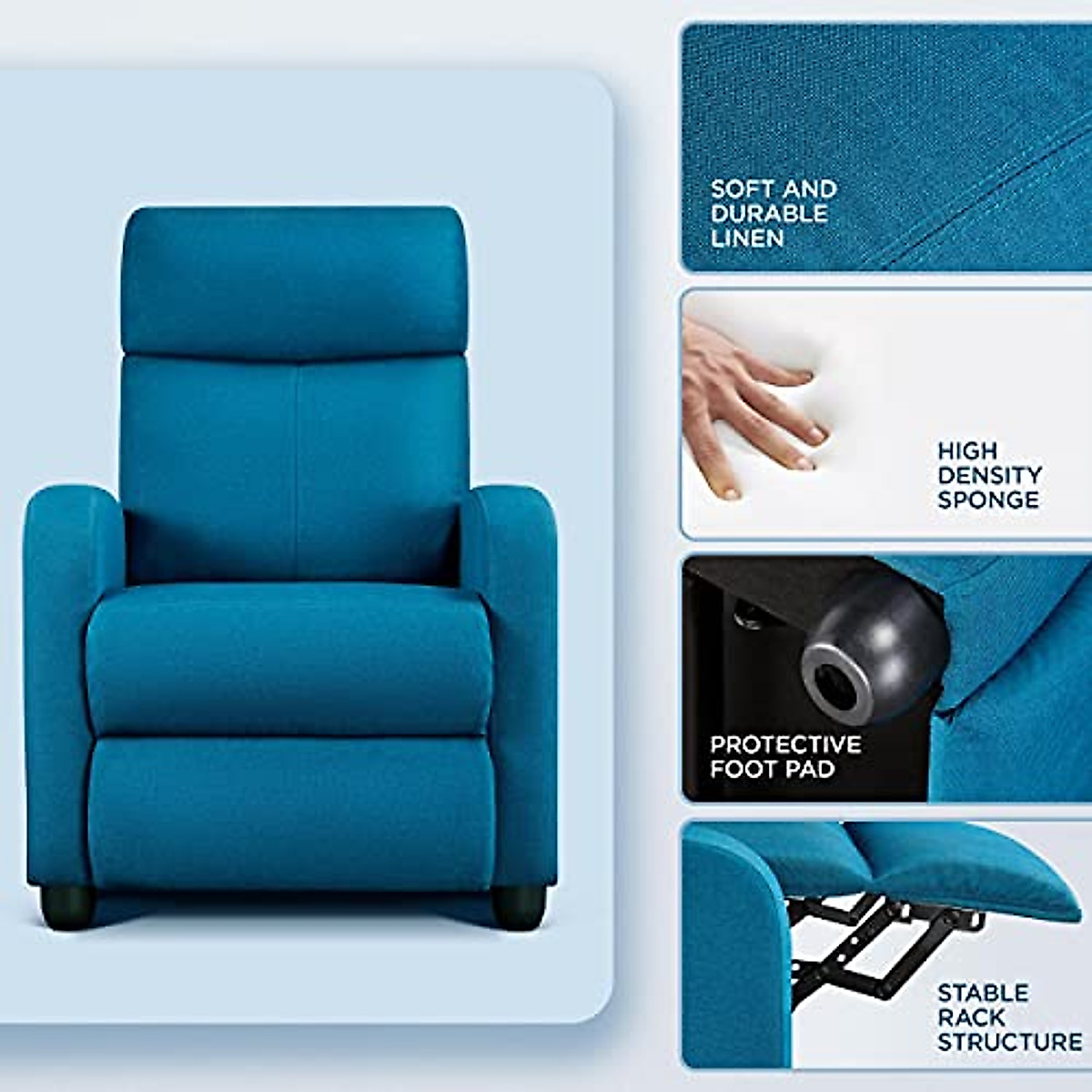 Topeakmart Fabric Recliner Sofa Push Back Recliner Chair Adjustable Modern Single Reclining Chair Upholstered Sofa with Pocket Spring Living Room Bedroom Home Theater Blue