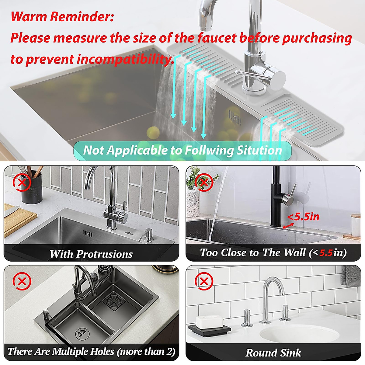 Silicone Kitchen Sink Splash Guard Faucet Mat (17.7" x 5.5"), 5° Slope Faucet Draining Mat, Faucet Handle Drip Catcher Tray Sink Drain Faucet Pad Behind Faucet for Kitchen & Bathroom Countertop