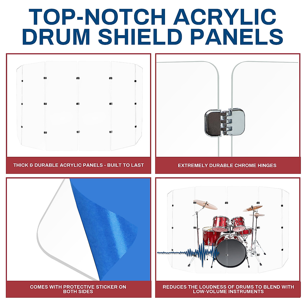 PENNZONI Drum Shield 6ft w/Chrome Hinges, Comes w/ 6 Drum Panels, & Chrome Hinges, Premium Clear Acrylic Panels, Drum Screen