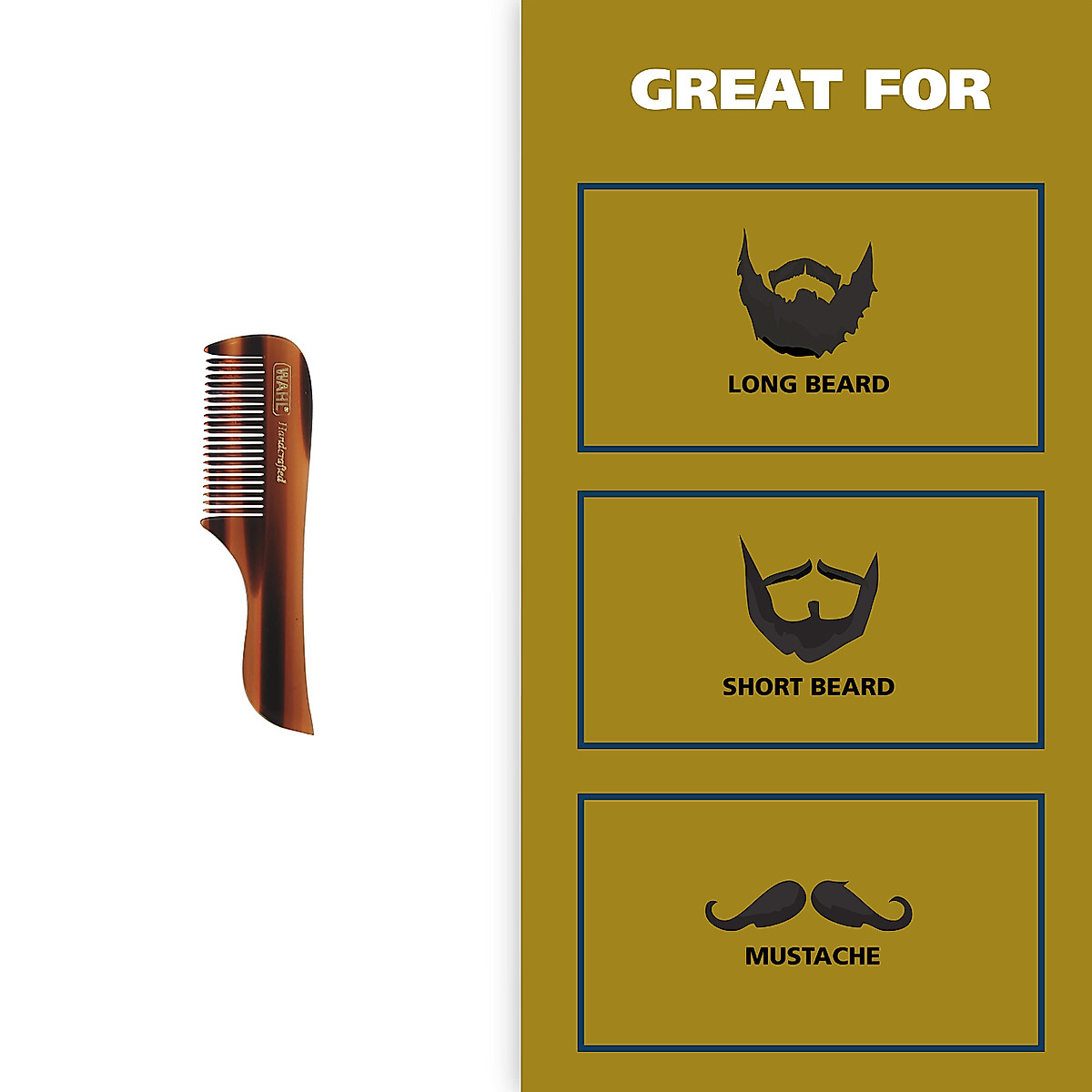 Wahl Small Mustache Comb for Men's Grooming - Handcrafted & Hand Cut with Cellulose Acetate - Smooth, Rounded Tapered Teeth - Model 3323 Brown