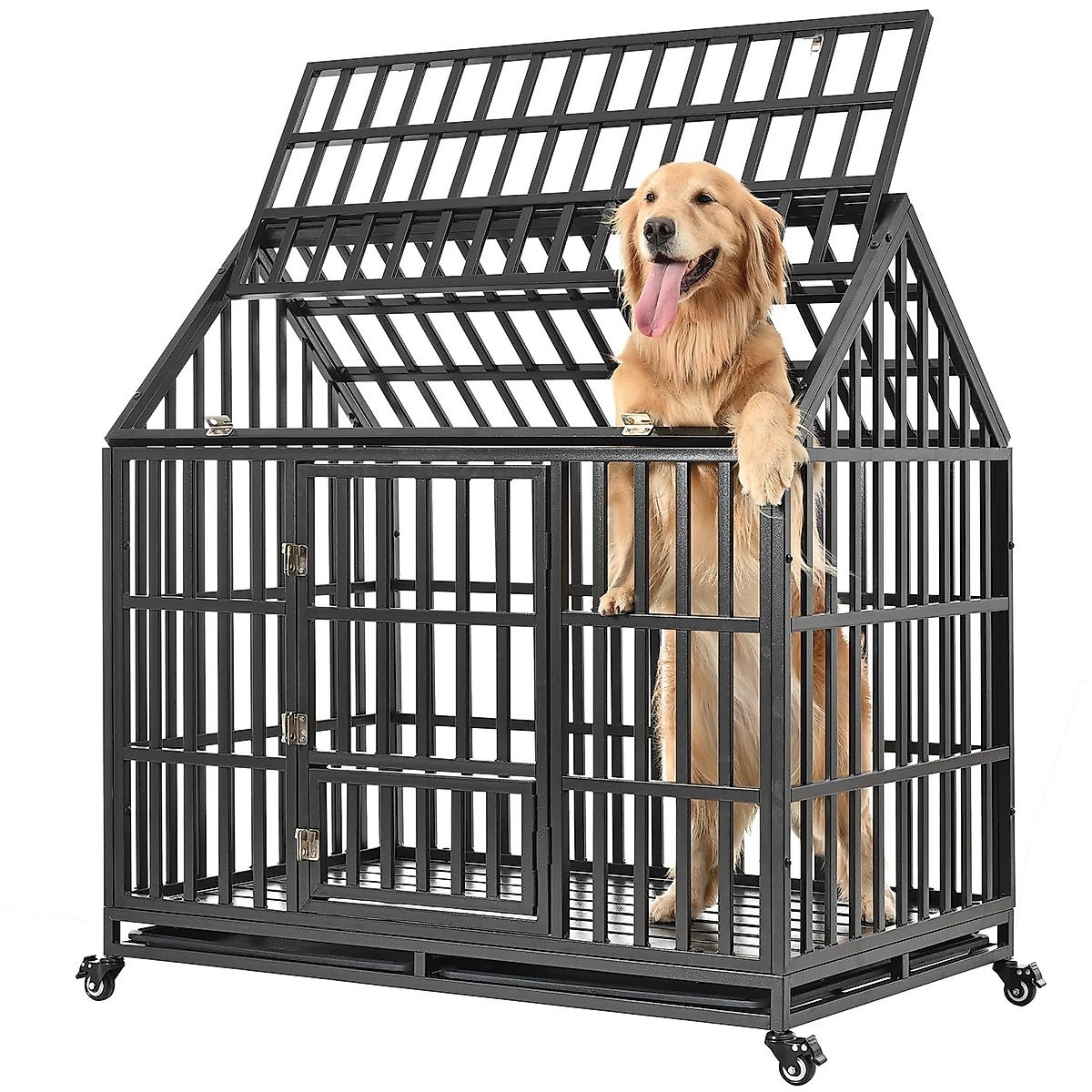 Afqxf Large Dog Crate Cage, 47'' Heavy Duty Galvanized Iron Dogs Cage Kennels Crates Furniture with Front Door, Top Door and 4 Lockable Wheels, Perfect for Patio, Home, Backyard, Black
