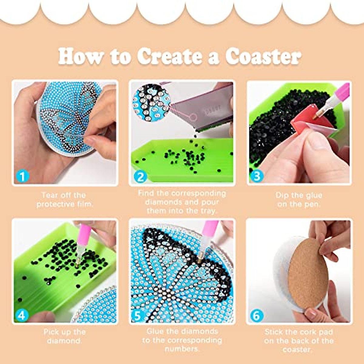 MVVMTOP 6 Pcs Diamond Painting Coasters with Dimensional Holder, DIY Non-Slip Cat Coaster Diamond Art Kits for Beginners, Kids and Adults Craft Supplies